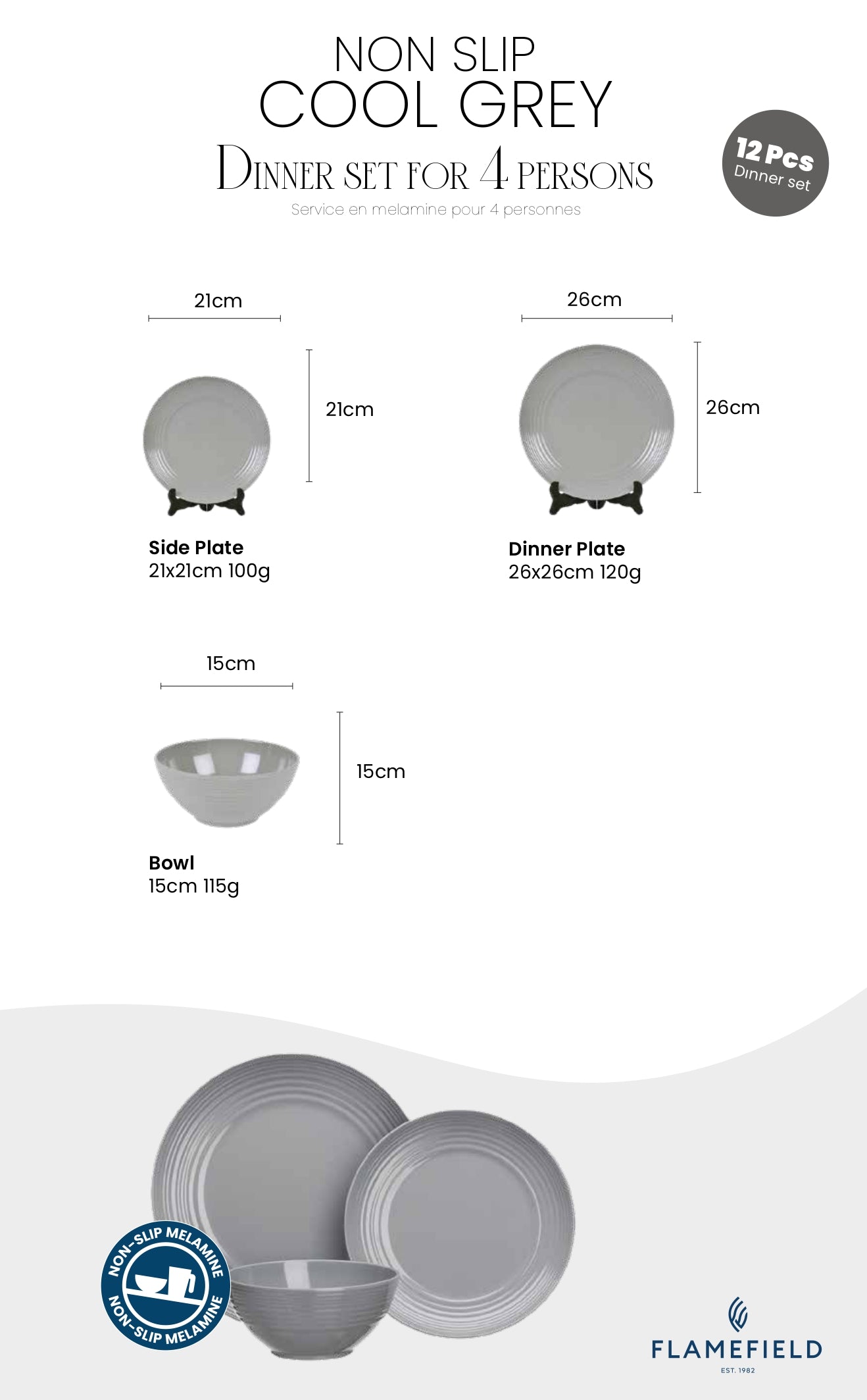 Flamefield Non Slip Cool Grey 12 Pc Melamine Set